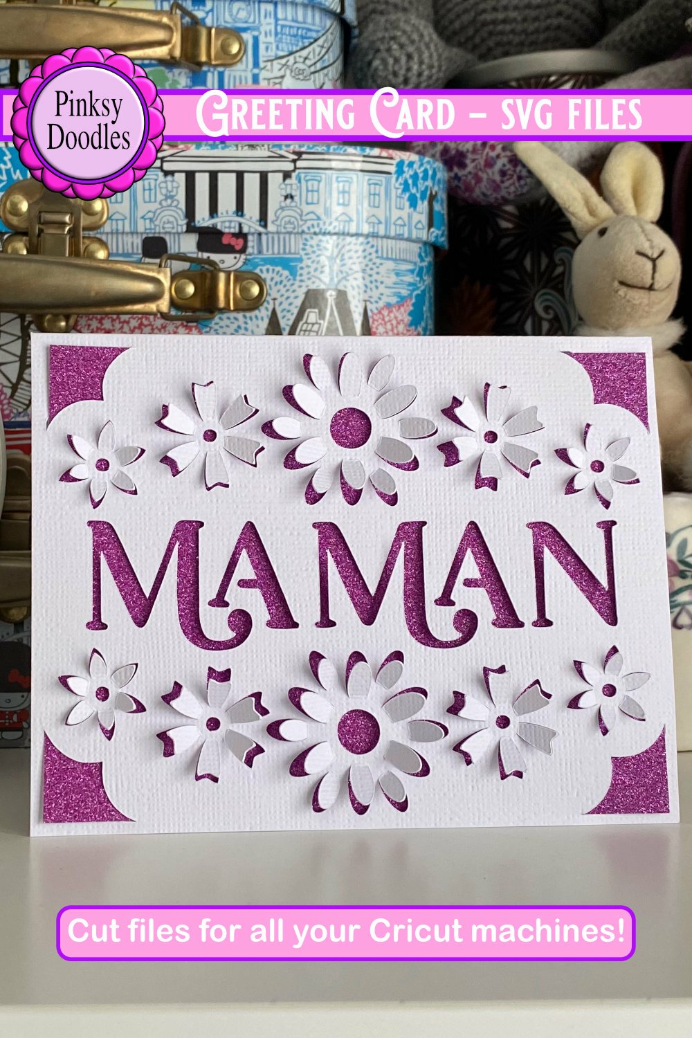 Maman floral pop out layered birthday card svg cut file
