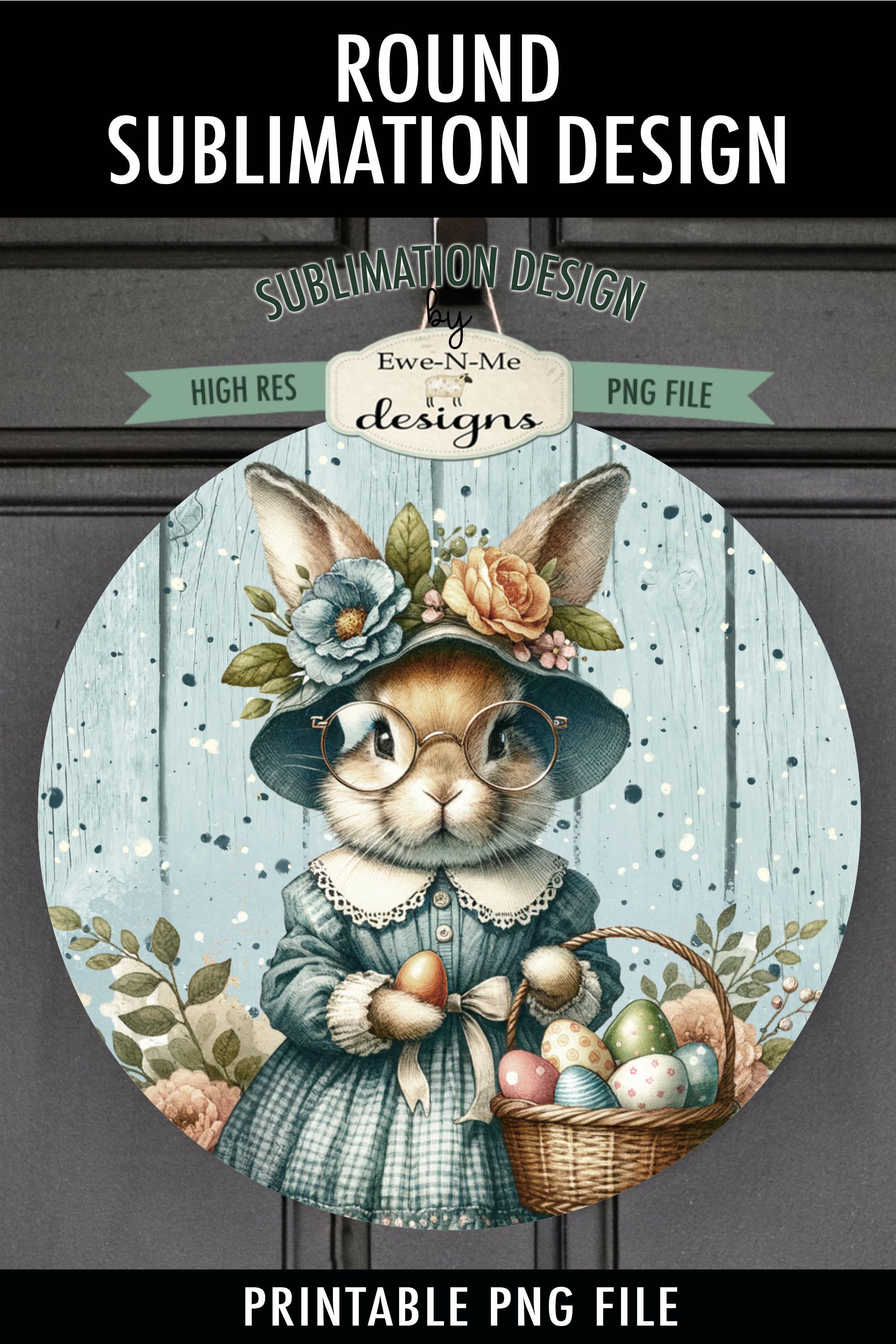 Easter Bunny Lady in Glasses Sublimation Design | Round PNG