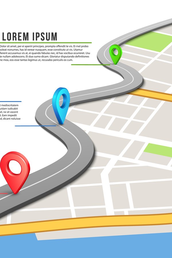 Roadway infographic. Locations map, highway pinned points wi