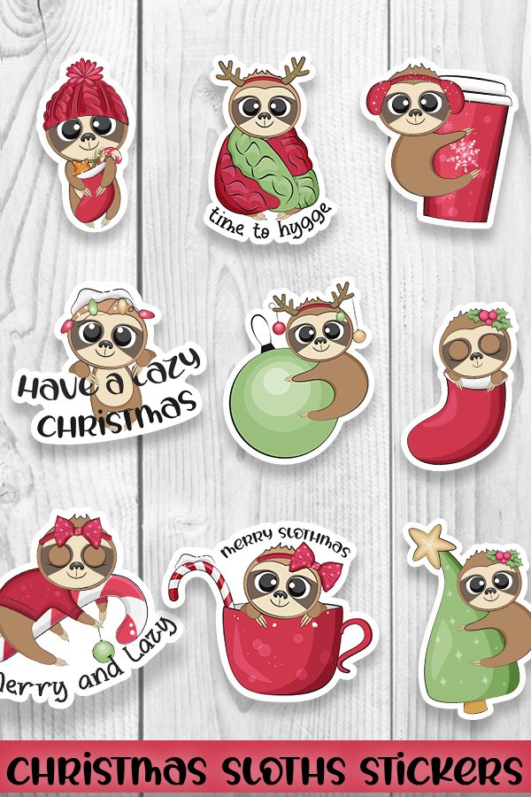Christmas sloths printable stickers. PNG, JPG,