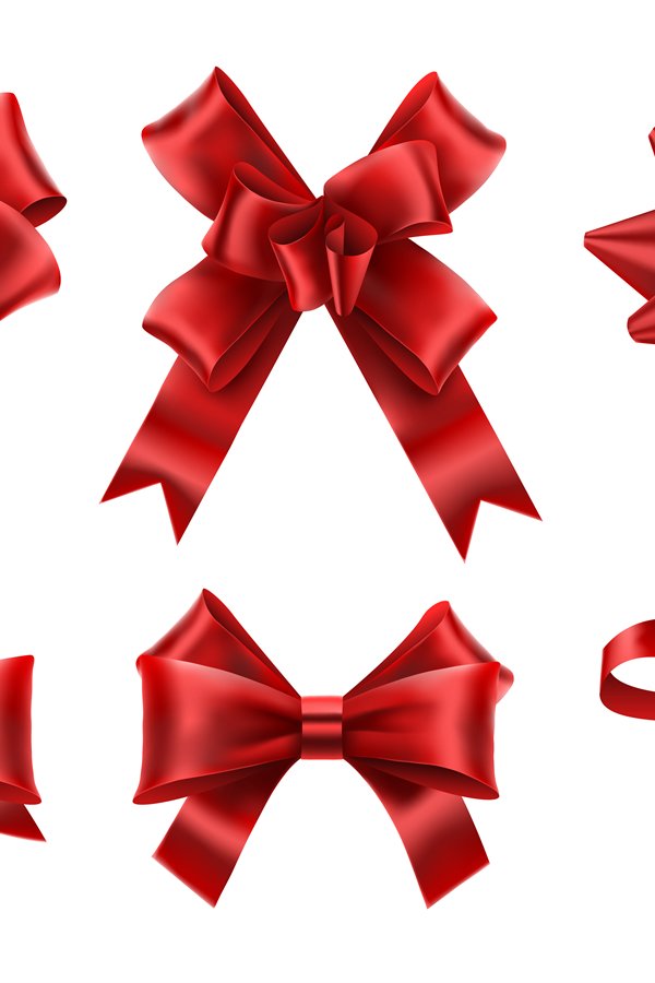 Realistic red bows. Decorative xmas gift ribbon bow, christm