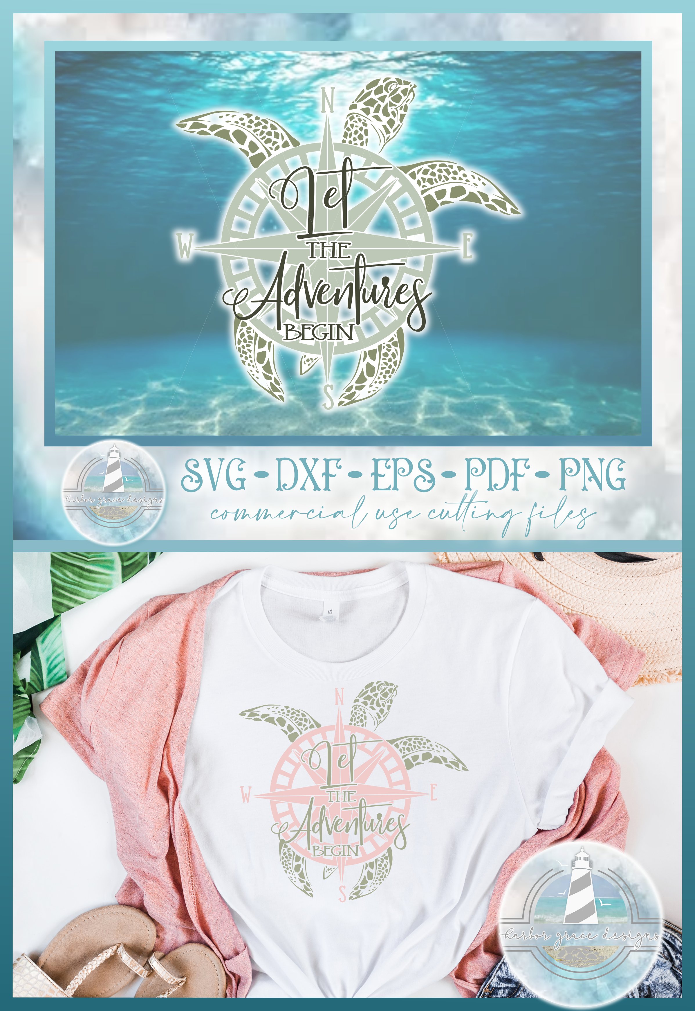 Sea Turtle Compass with Let The Adventures Begin Quote SVG