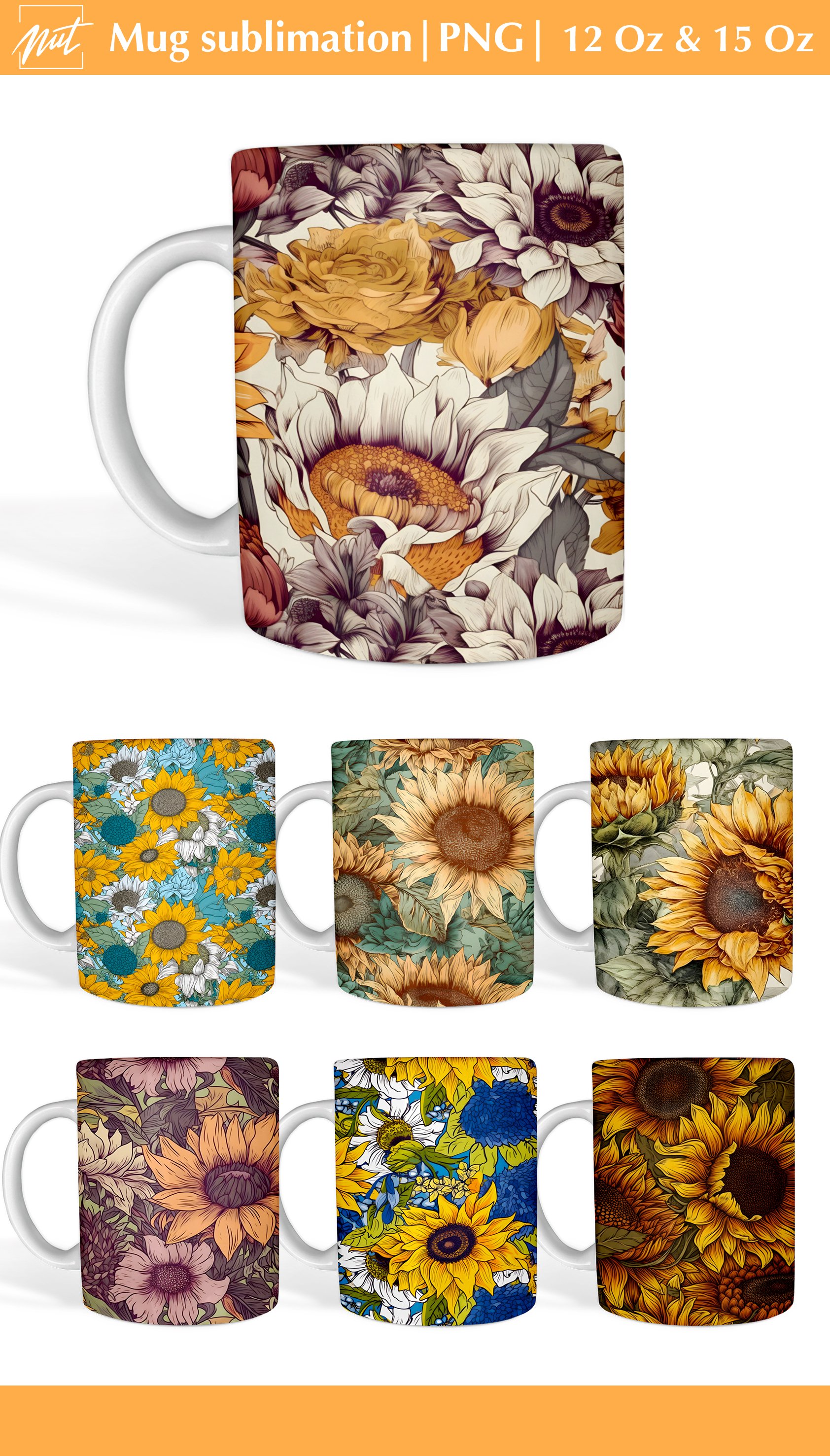 Mug bundle with sunflowers, sunflower mug wrap, 11oz mug