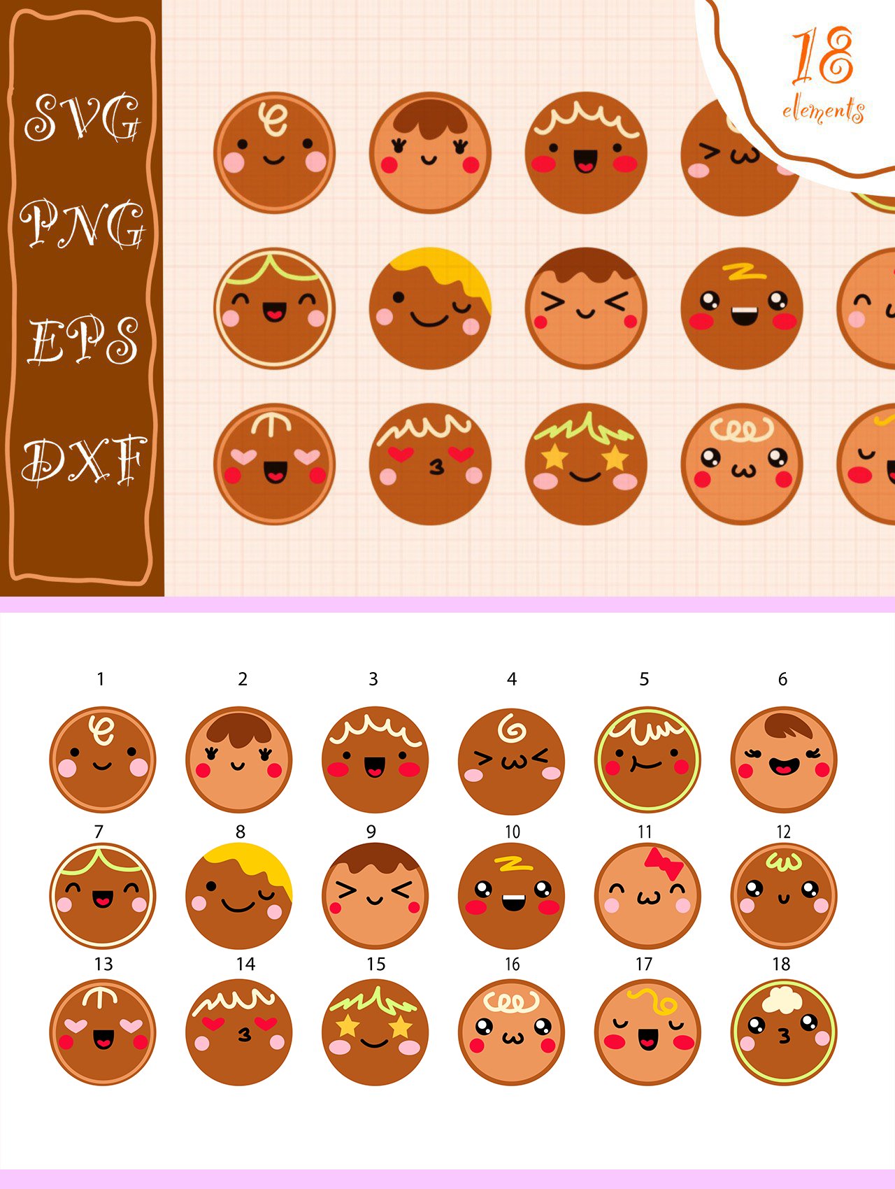 Kawaii Gingerbread faces svg (2273857)