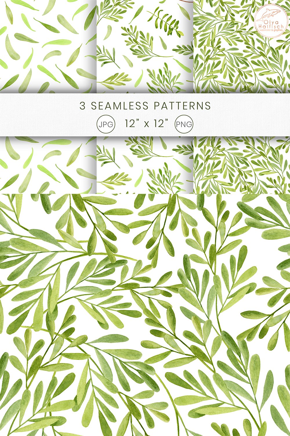 Watercolor Green Leaves Seamless Pattern. Digital Paper Pack