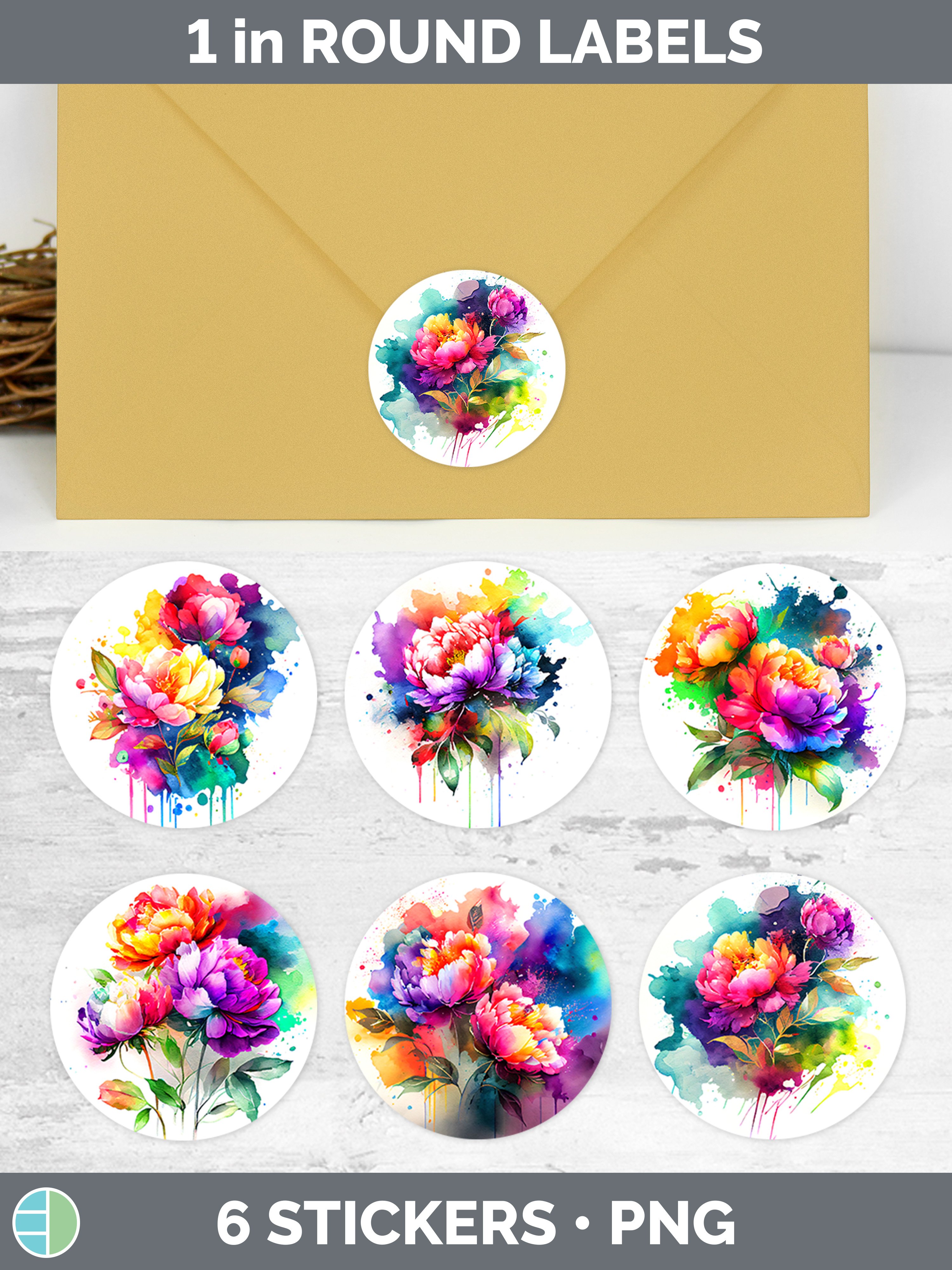 Rainbow Peony Flowers Stickers | Round Labels Designs Bundle