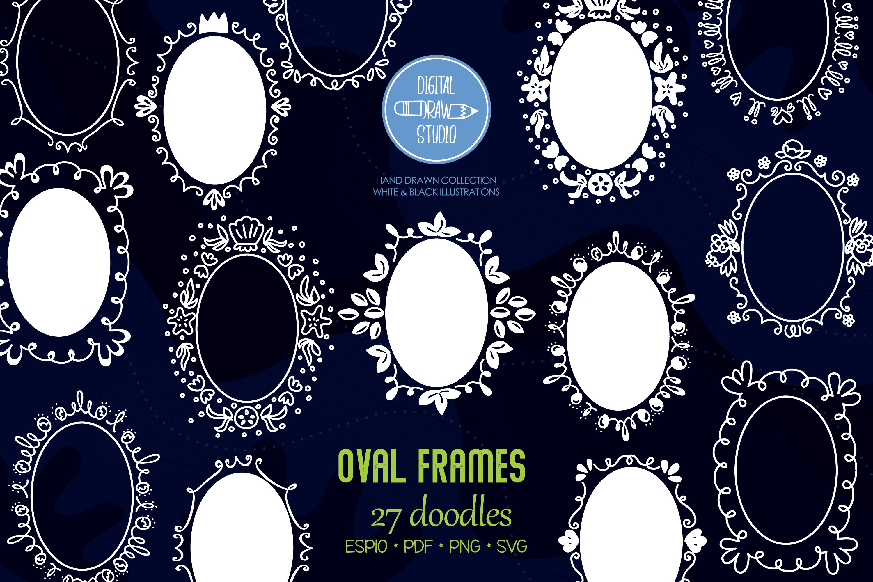 White Oval Doodle Frames | Hand Drawn Round Border