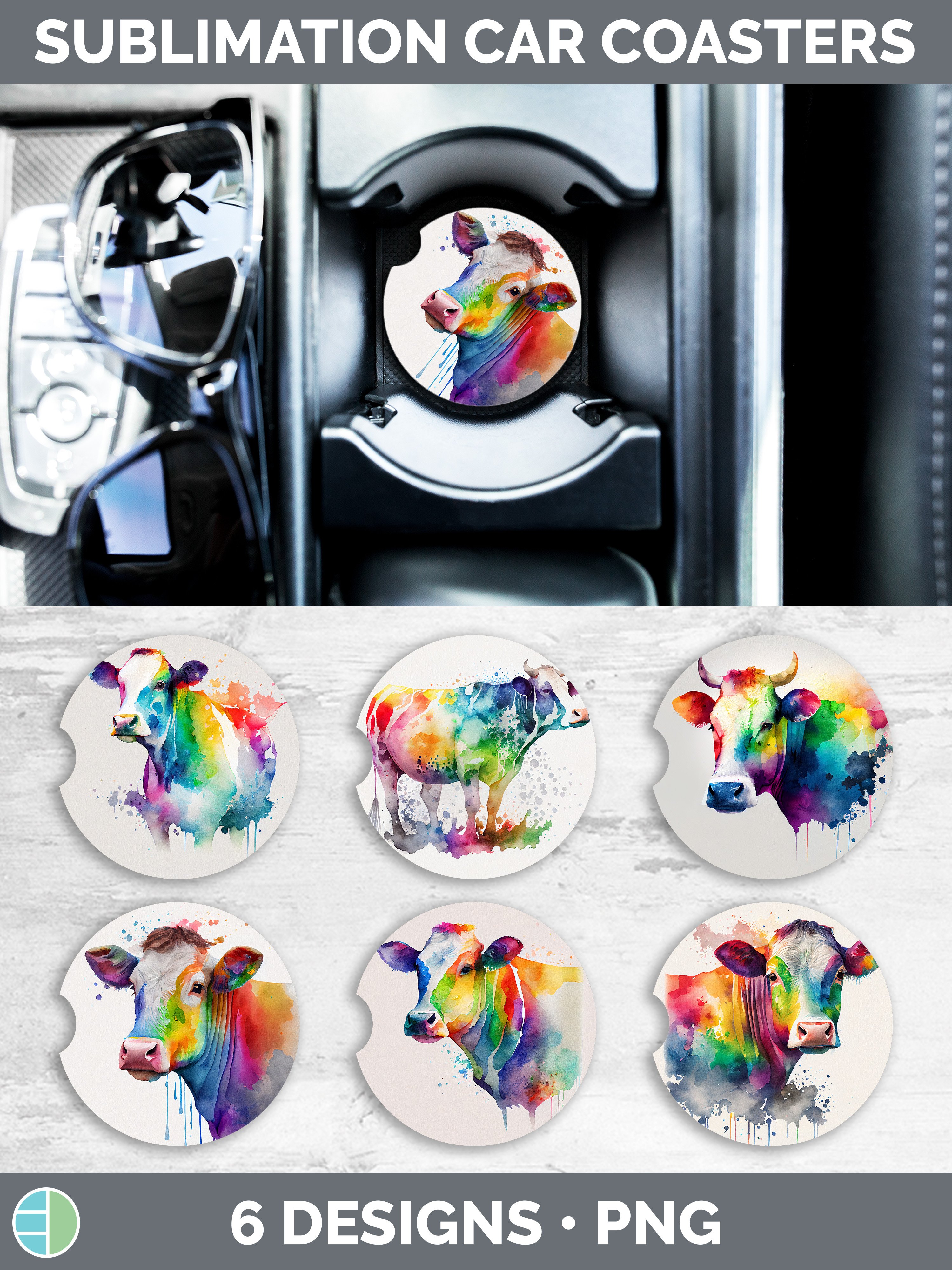 Rainbow Cow Car Coaster | Sublimation Designs Bundle