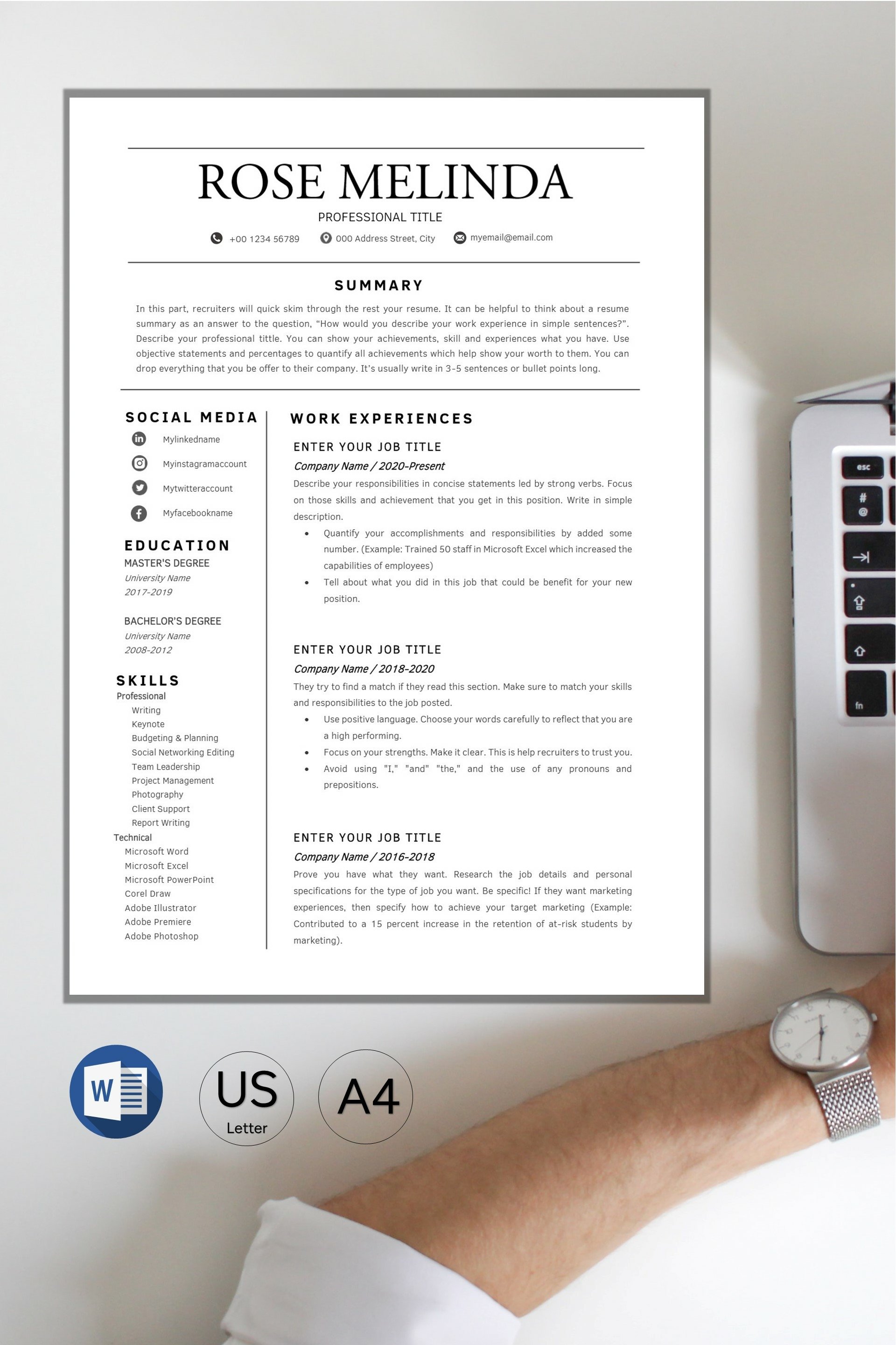 2 Pages resume template word, cv template word