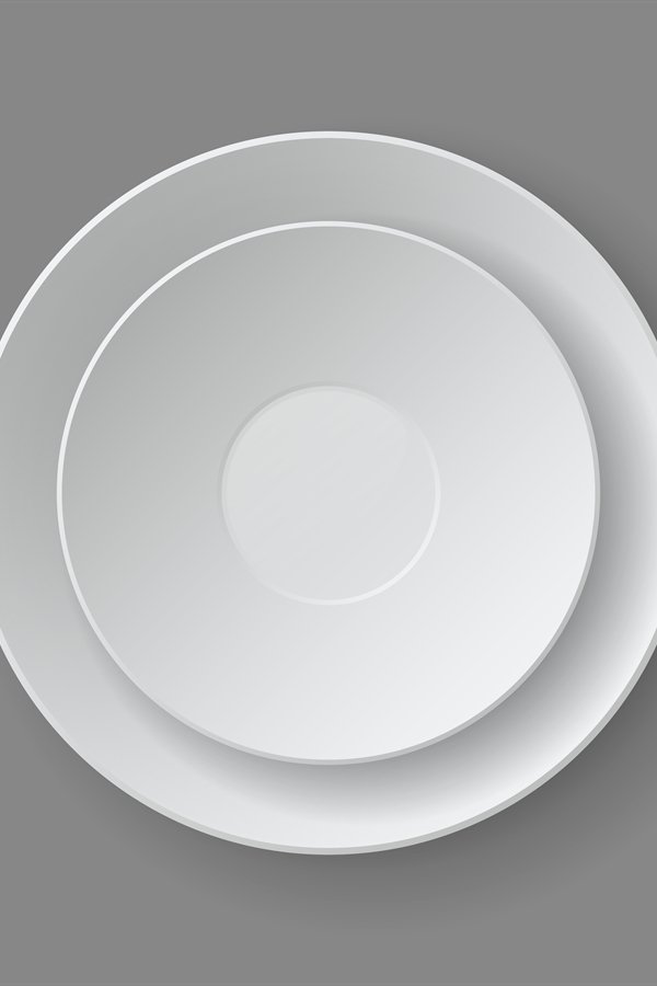 Realistic table serving. Round dining plate with forks, knif