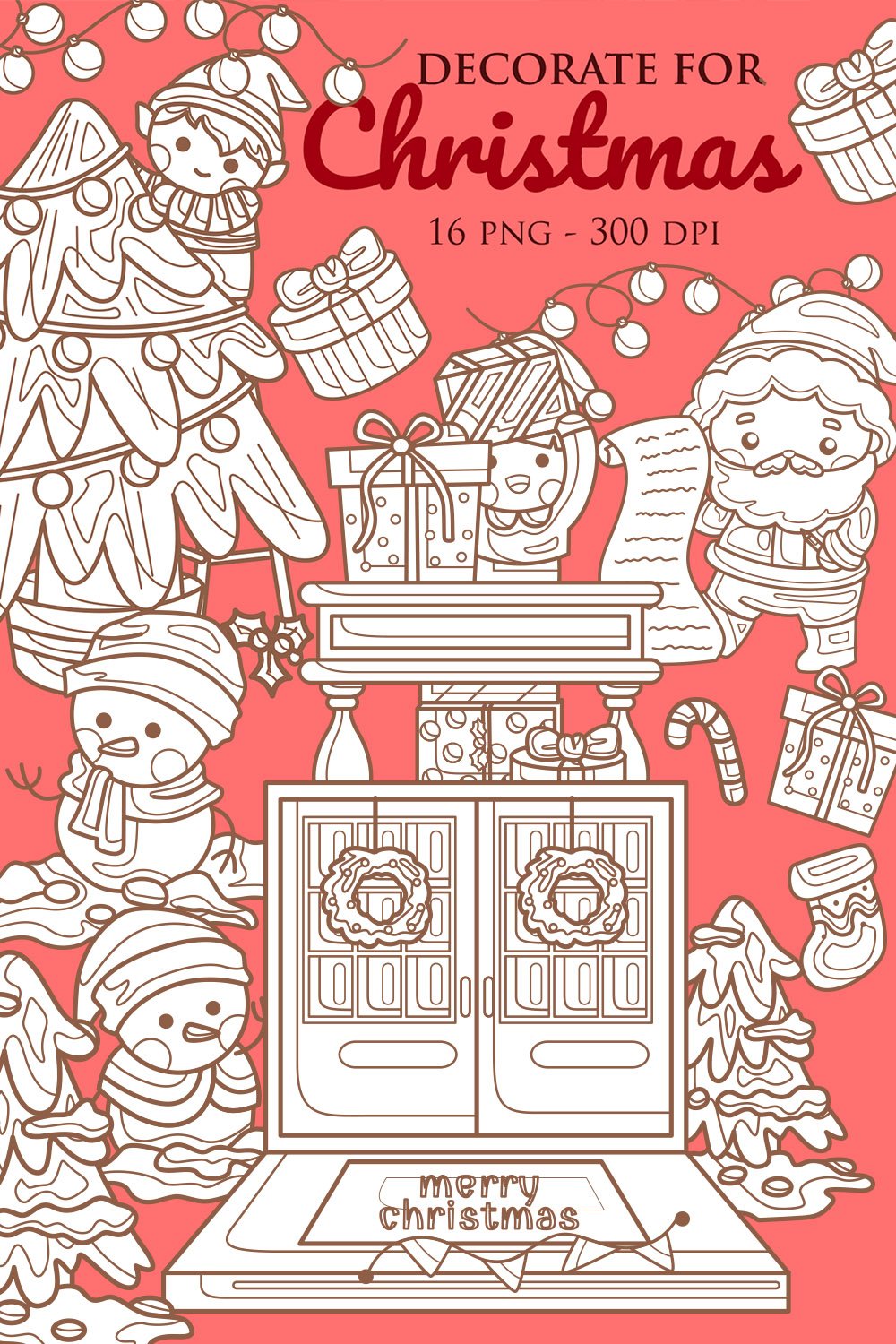 Cute Decorated for Christmas Cartoon Digital Stamp Outline