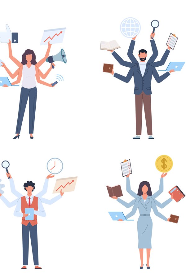 Multitasking people. Business men, women with many hands, pr