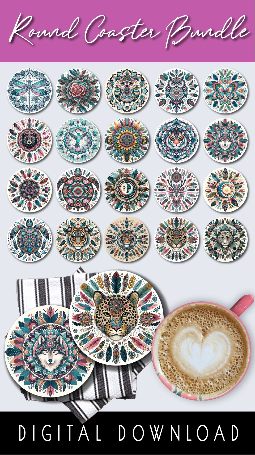 Mandala Coaster Bundle, Mandala Round Coaster Sublimation