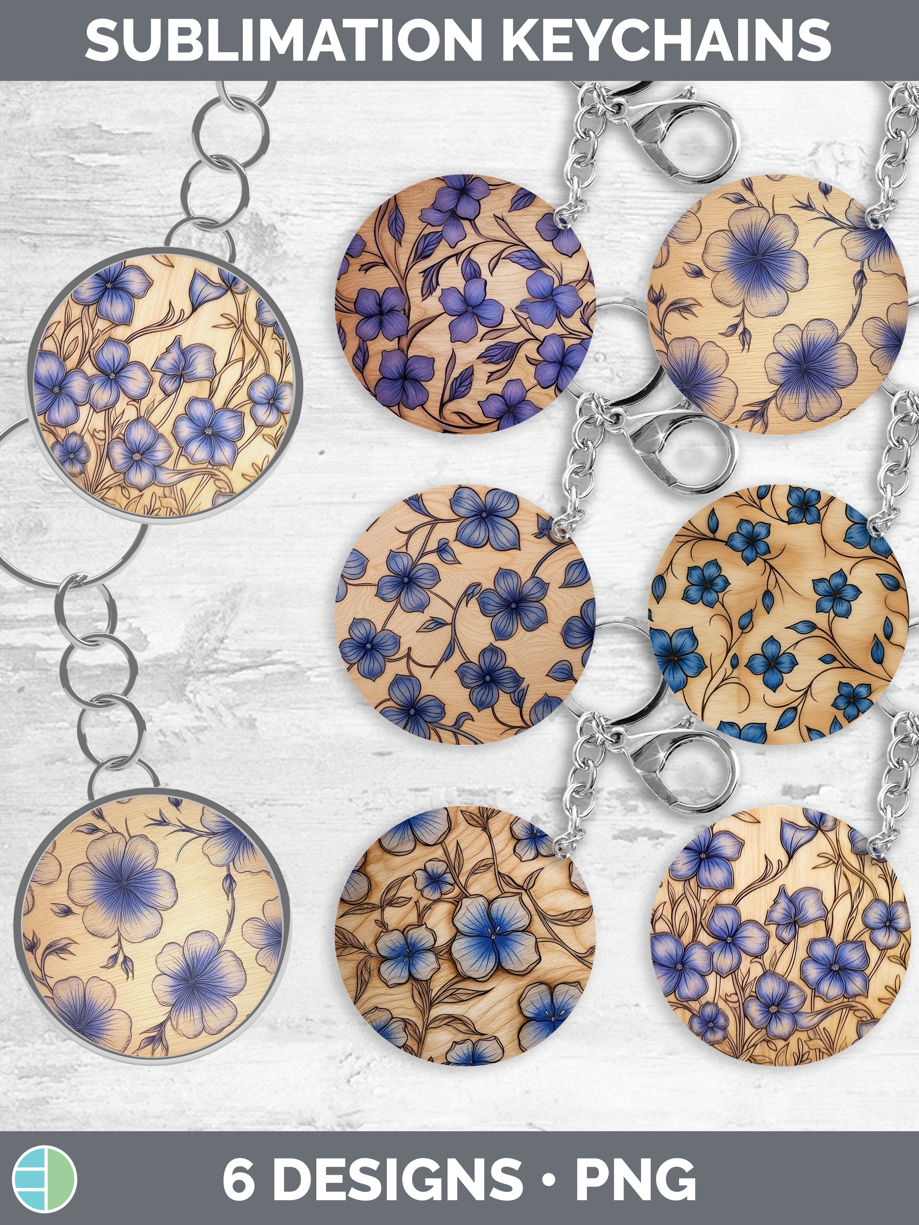 Wood Burned Periwinkle Flowers Keychain | Sublimation Keyrin