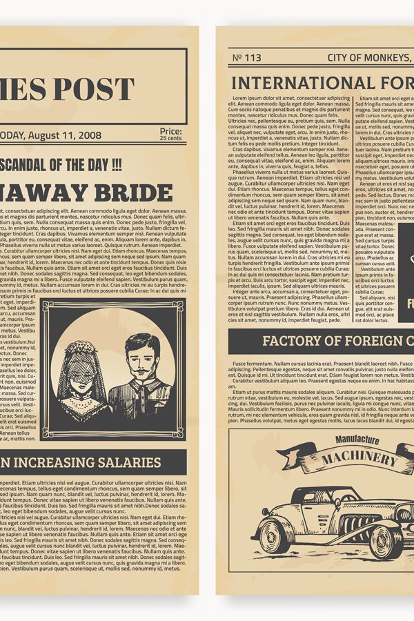 Vintage newspaper. Retro articles and old pictures with retr