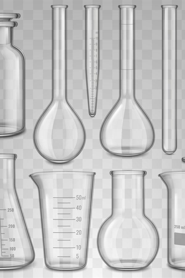 Realistic laboratory glassware, glass test tubes beaker and