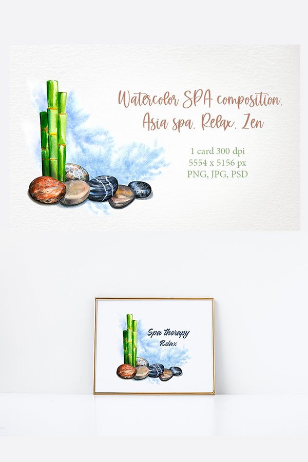 Watercolor relax composition. Asia spa. Nature. Card