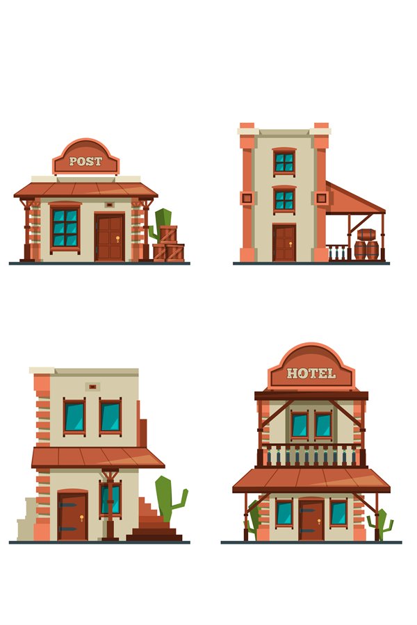 Western buildings. Wild west architectural constructions sal