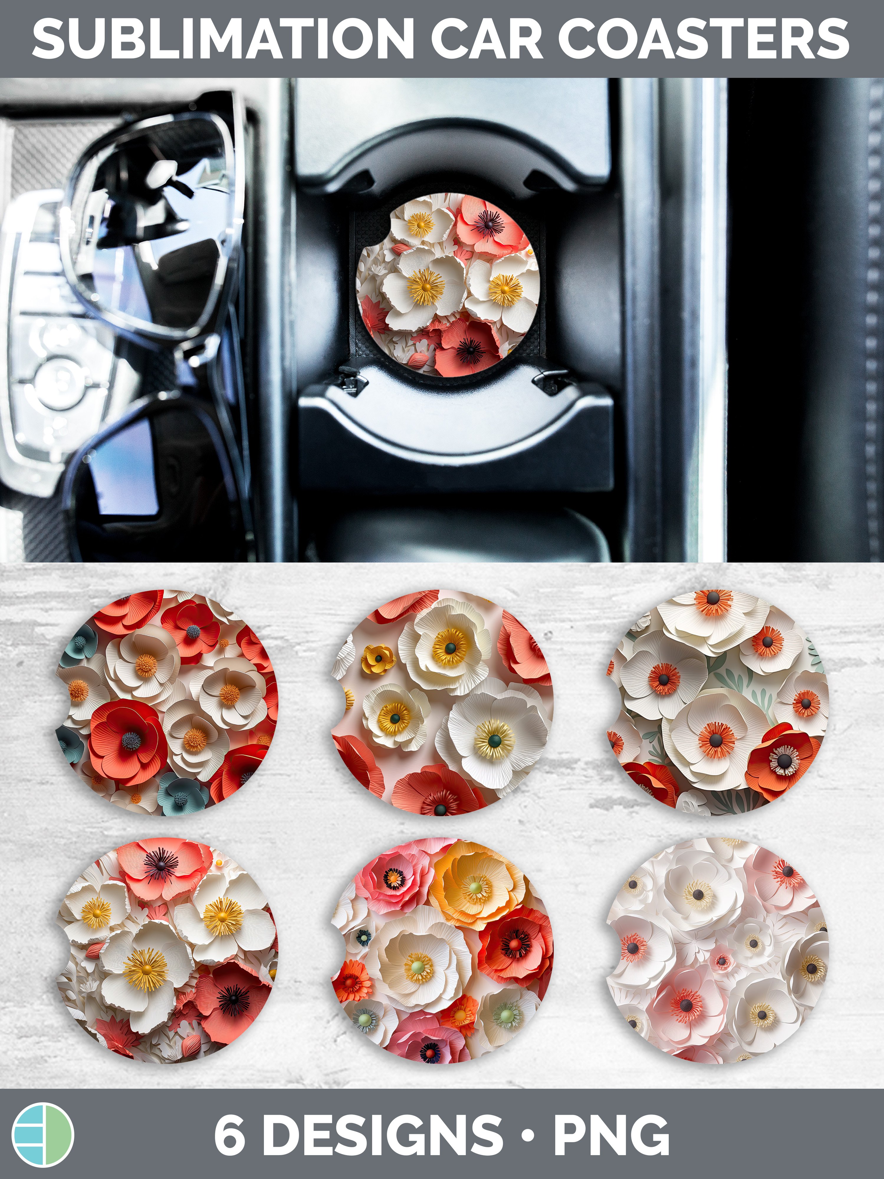 3D Paper Poppy Flowers Car Coaster | Bundle Coaster Designs