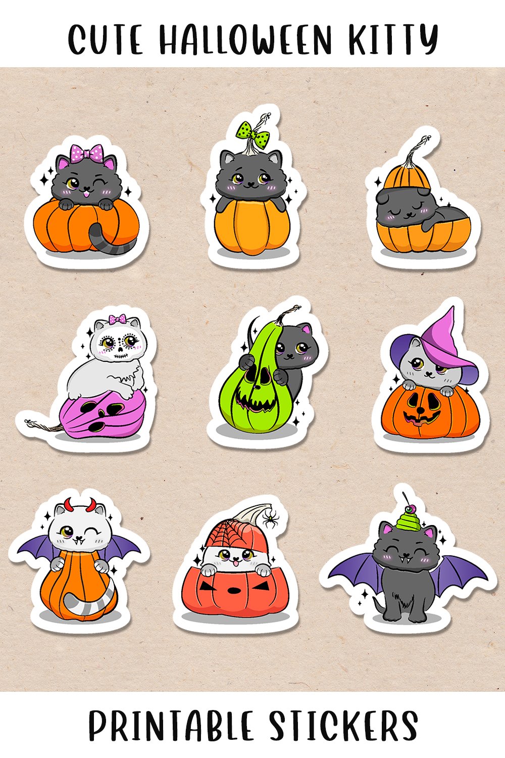 Cute Halloween Kitty printable stickers. PNG, JPG.