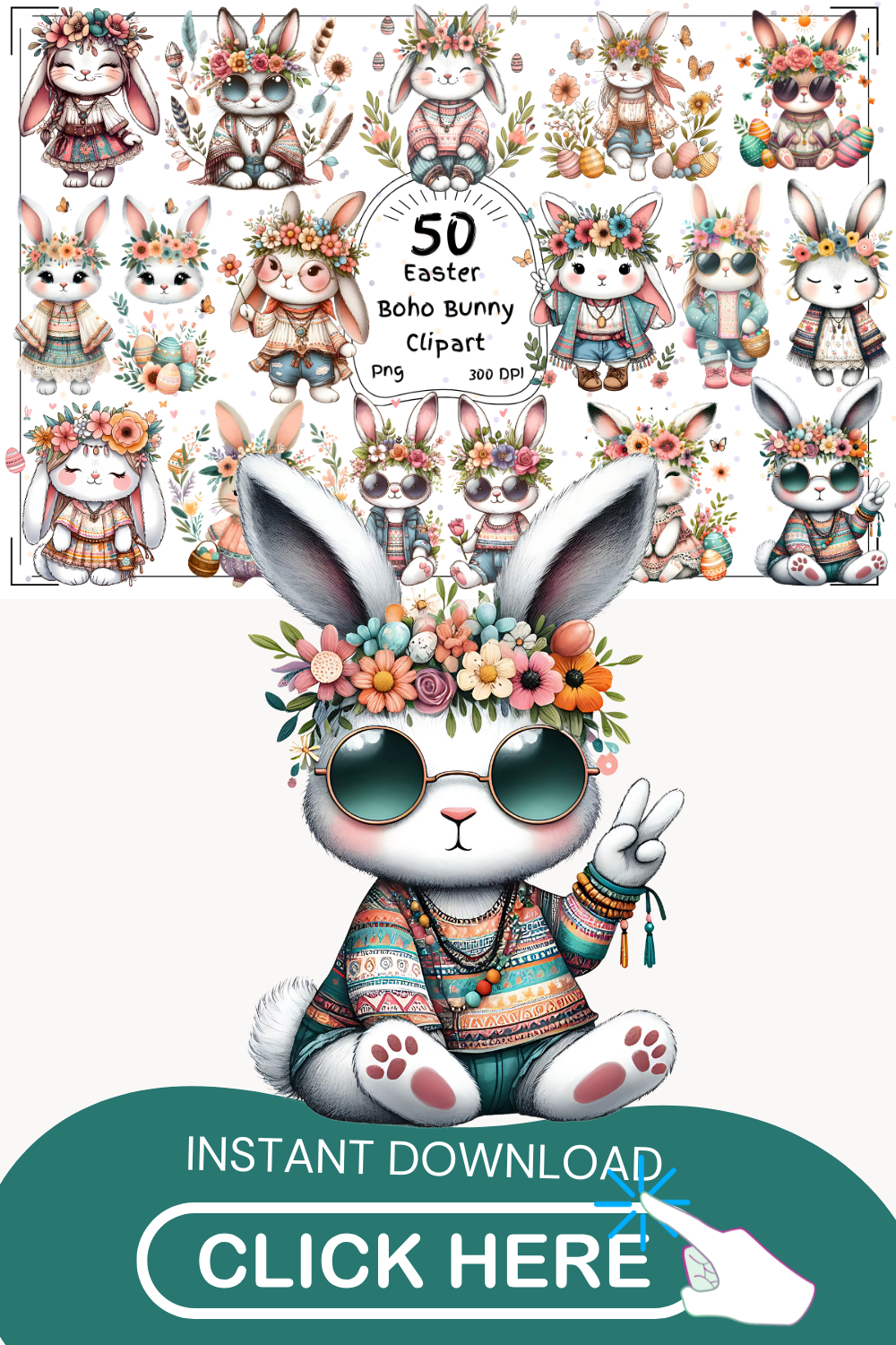 Boho Easter Bunny Clipart - Stylish Bunnies in Boho Outfits