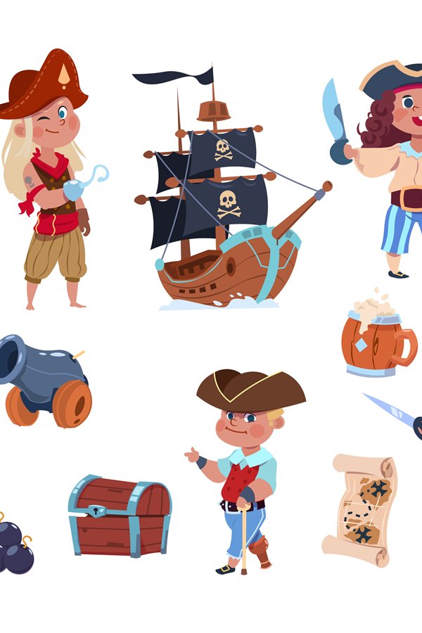 Cartoon pirates. Funny pirate captain and sailor characters,