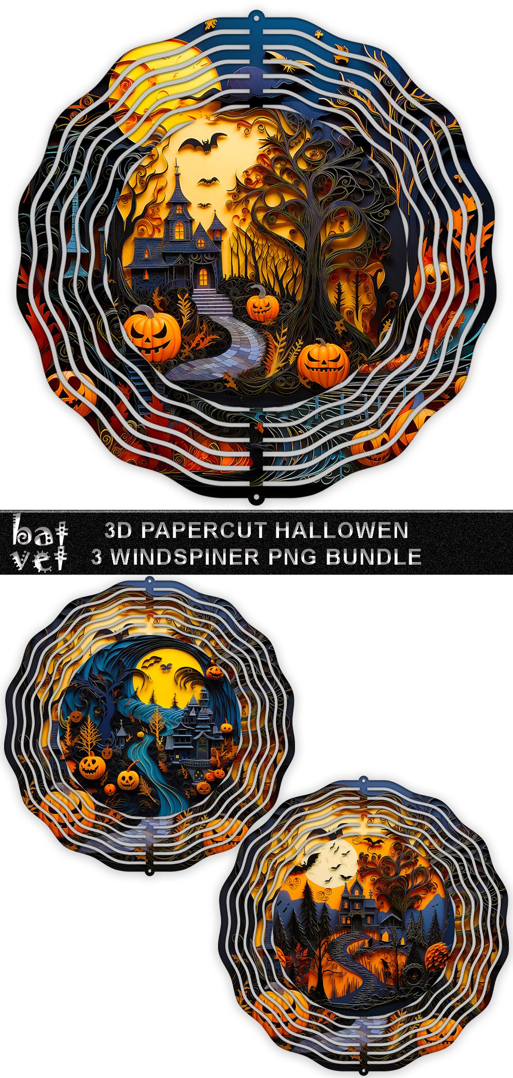 3D Halloween Wind Spinner Bundle | 3D Papercut Halloween PNG