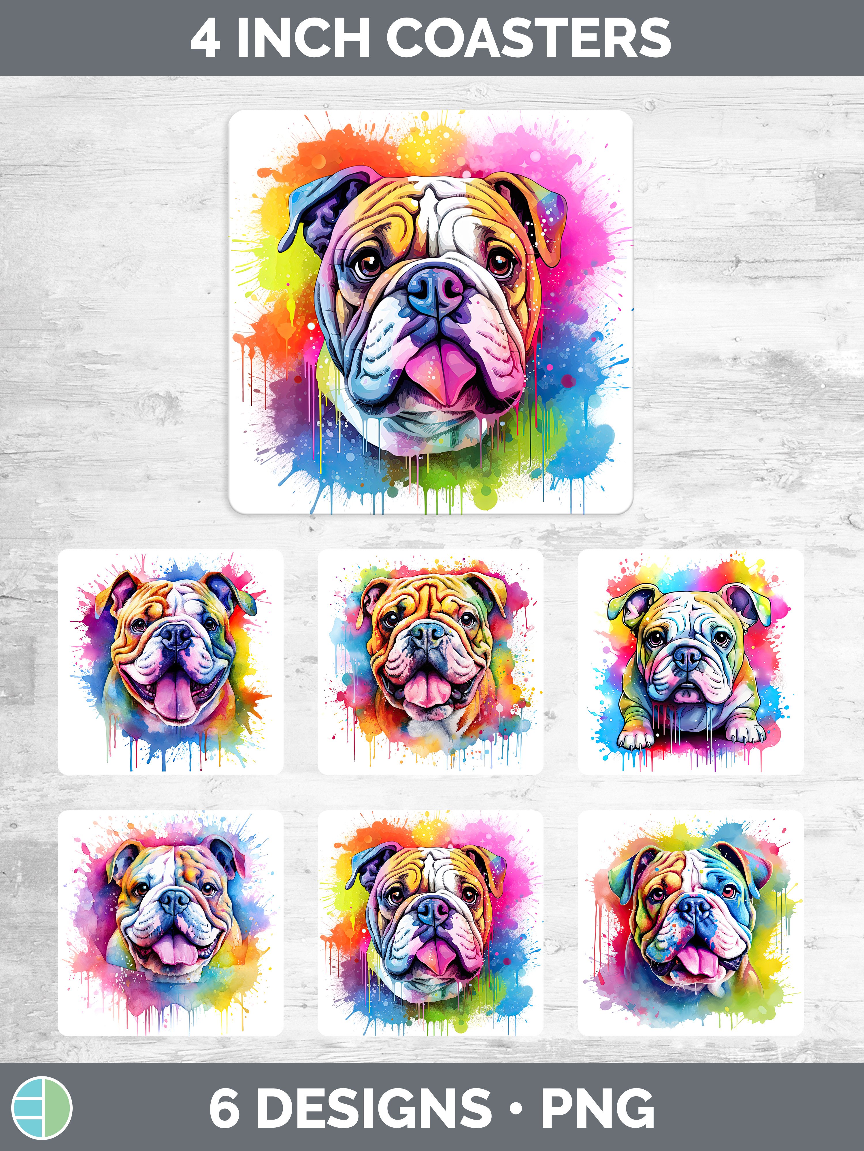Splat Rainbow Bulldog Dog Square Coaster | Sublimation Coast