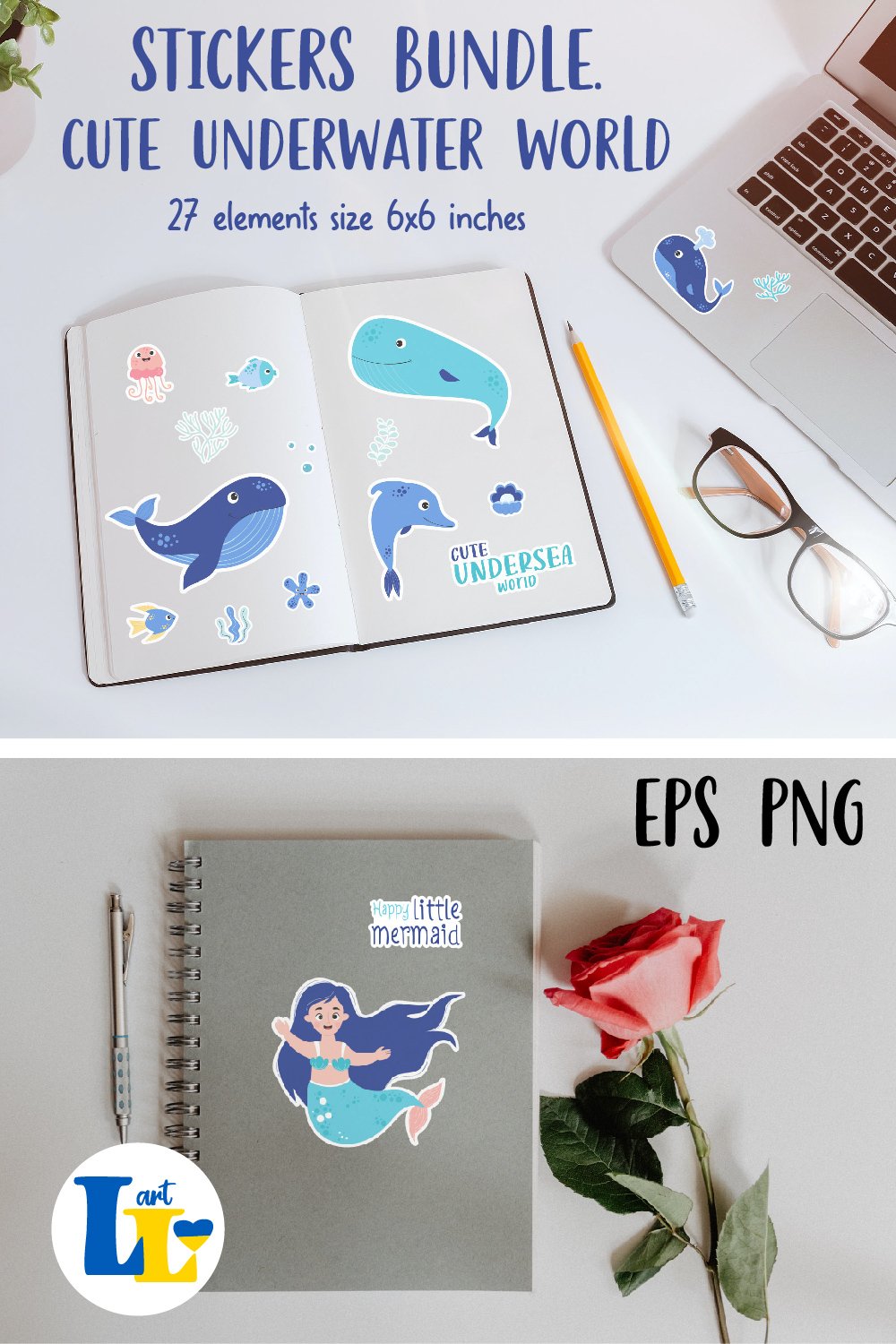 Printable sticker set Undersea world and mermaid. Digital