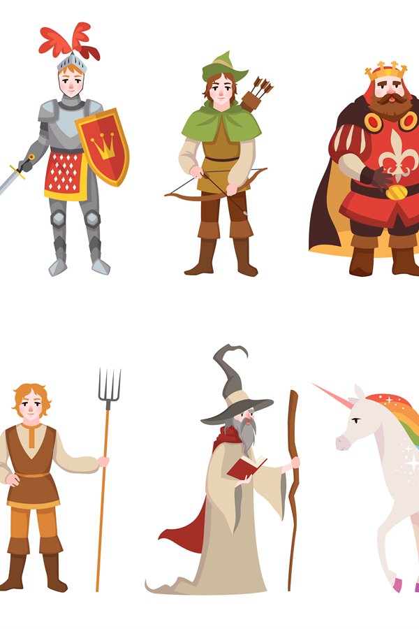 Medieval historical characters. Knight king queen prince pri