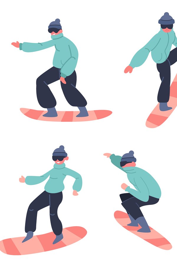 Snowboard character. Young male snowboarder jump on mountain