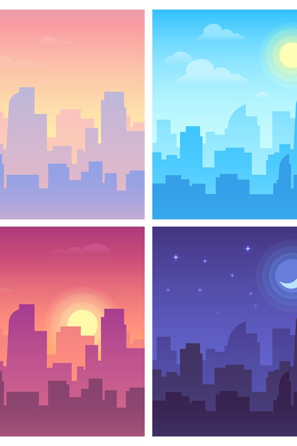 Daytime cityscape. Morning, day and night city skyline lands