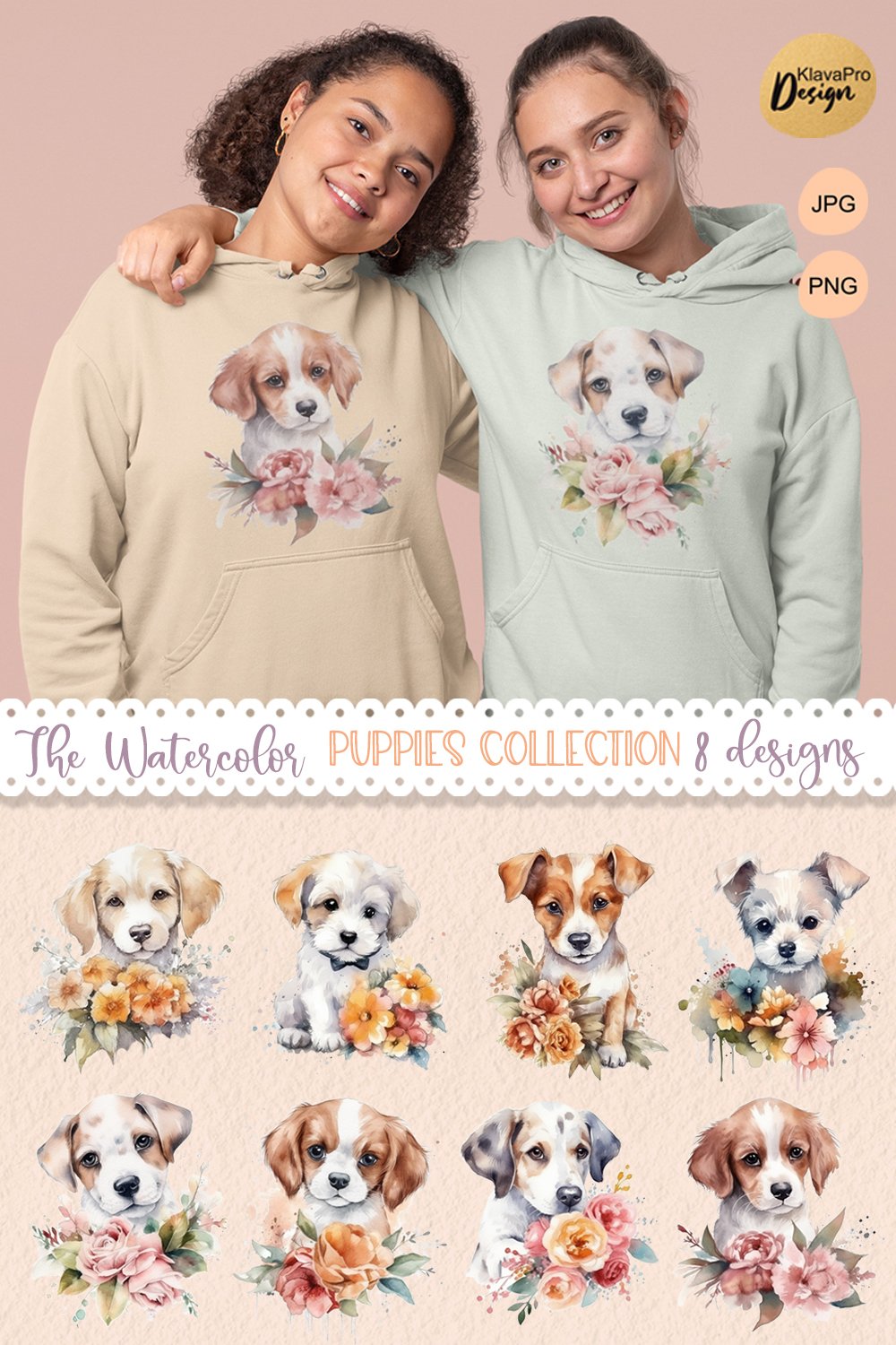 Puppies with flowers. Sublimation bundle in watercolor style