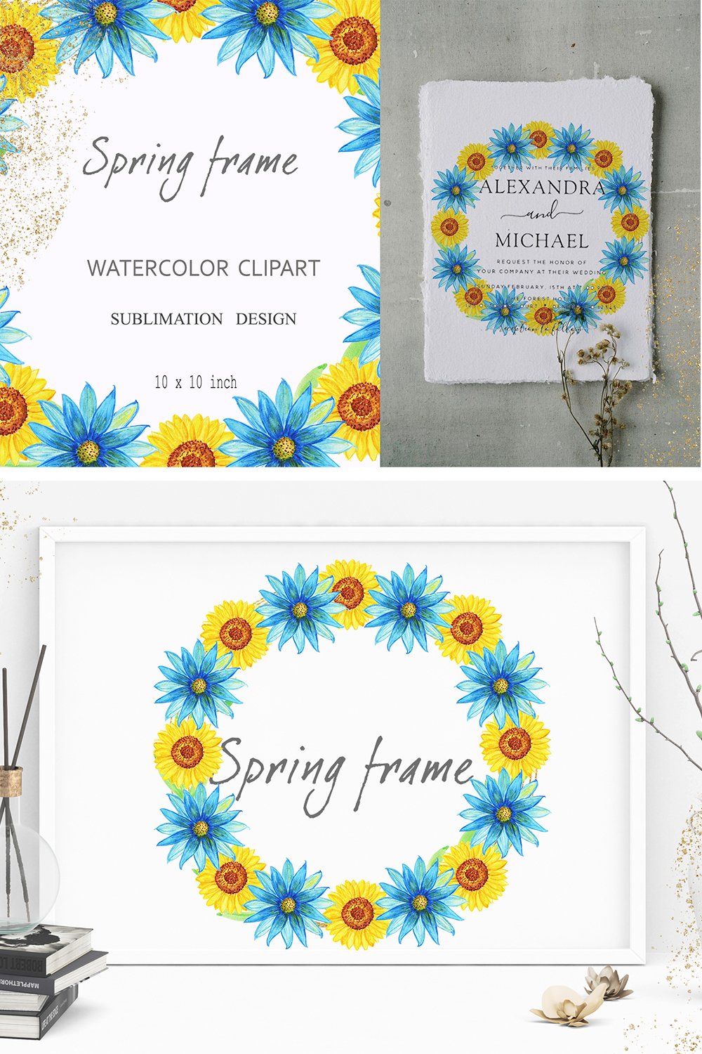 Watercolor flowers spring frame Yellow and blue (1852812)