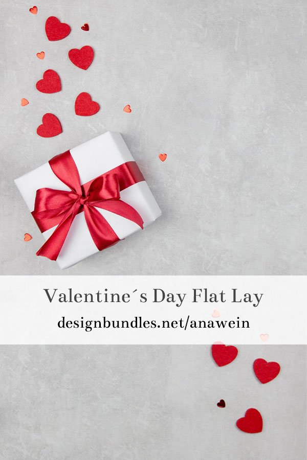 Valentines day flat lay background with gift box and hearts.