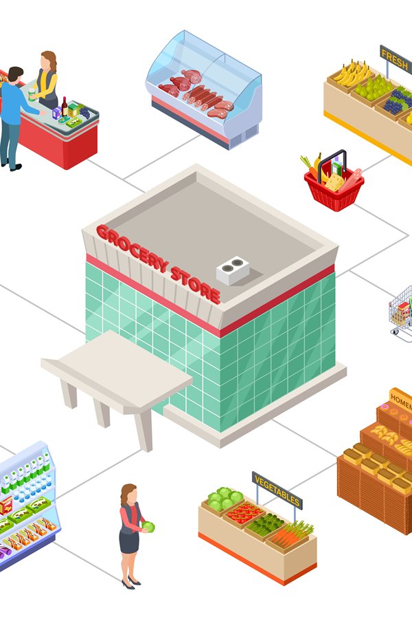 Grocery store concept. Isometric vector market customer. Sho