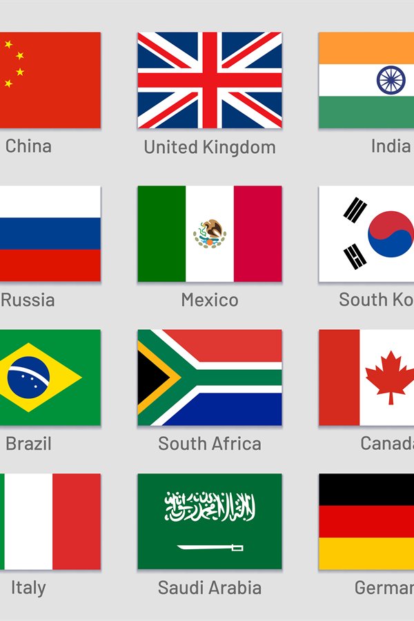 G20 countries flags. Major world advanced and emerging econo