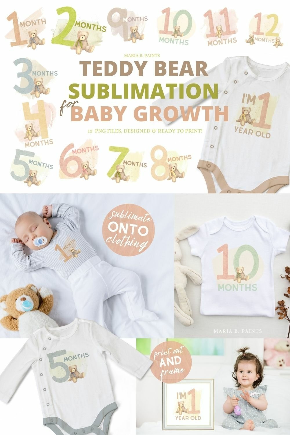 Baby Growth Sublimation Bundle Milestone Painted Teddy Bears