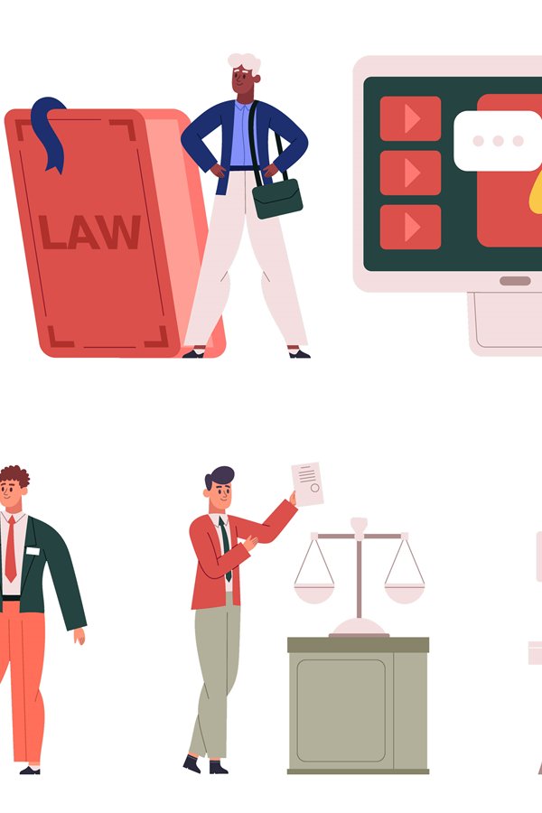 Lawyers characters, justice and law firm workers scenes. Adv