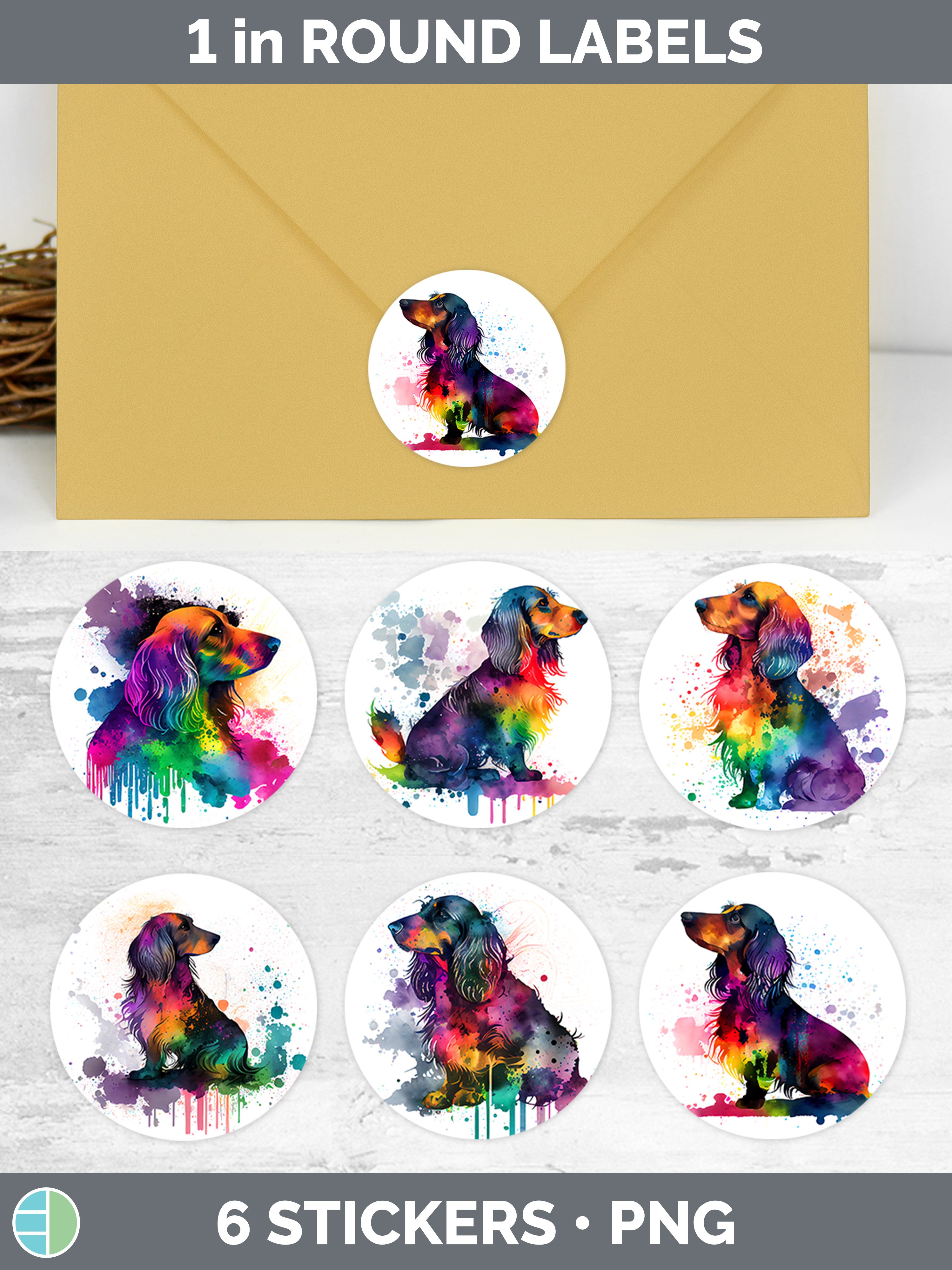 Rainbow Long-haired Dachshund Dog Stickers | Round Labels De