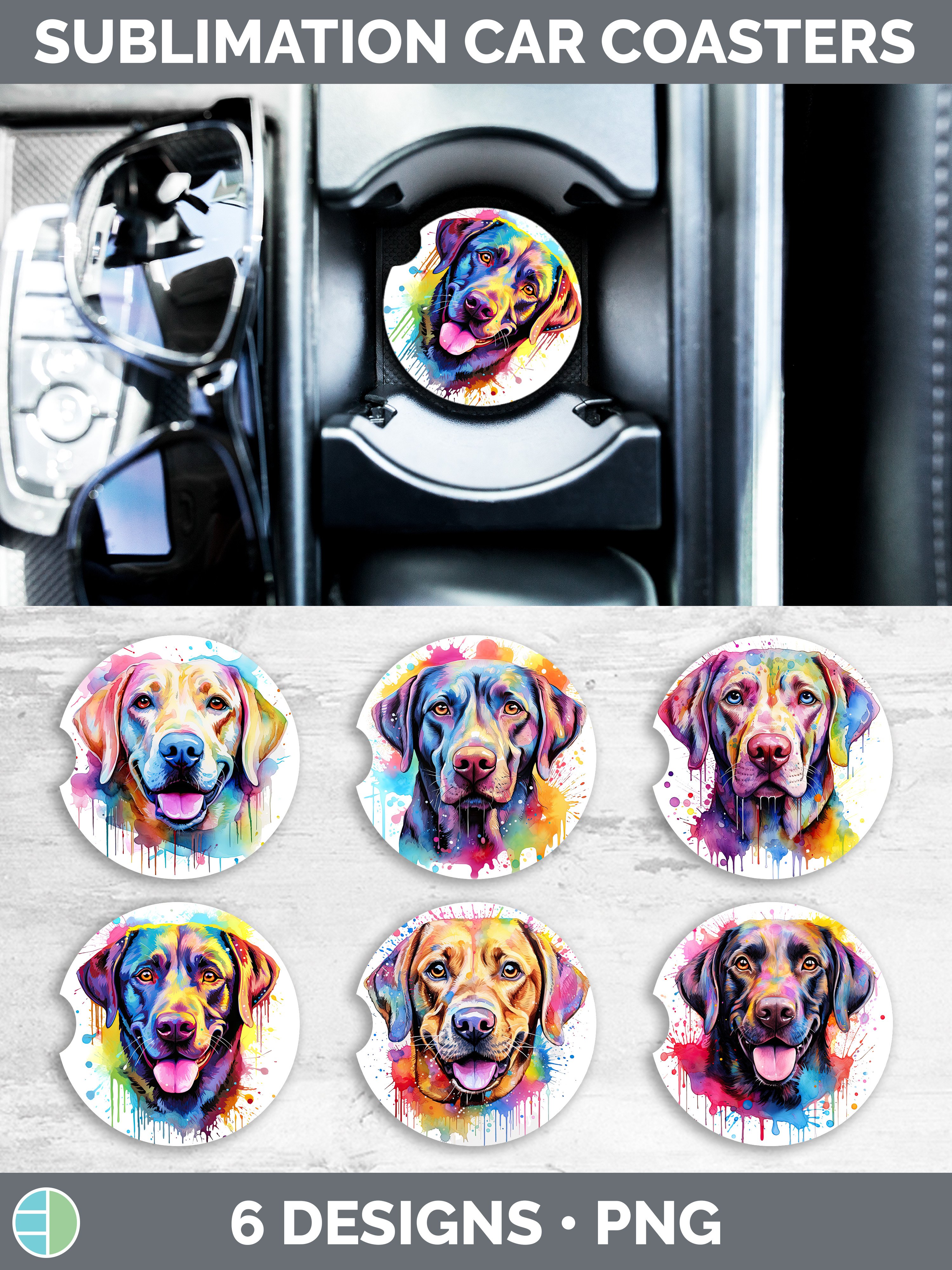 Splat Rainbow Labrador Retriever Dog Car Coaster | Sublimati