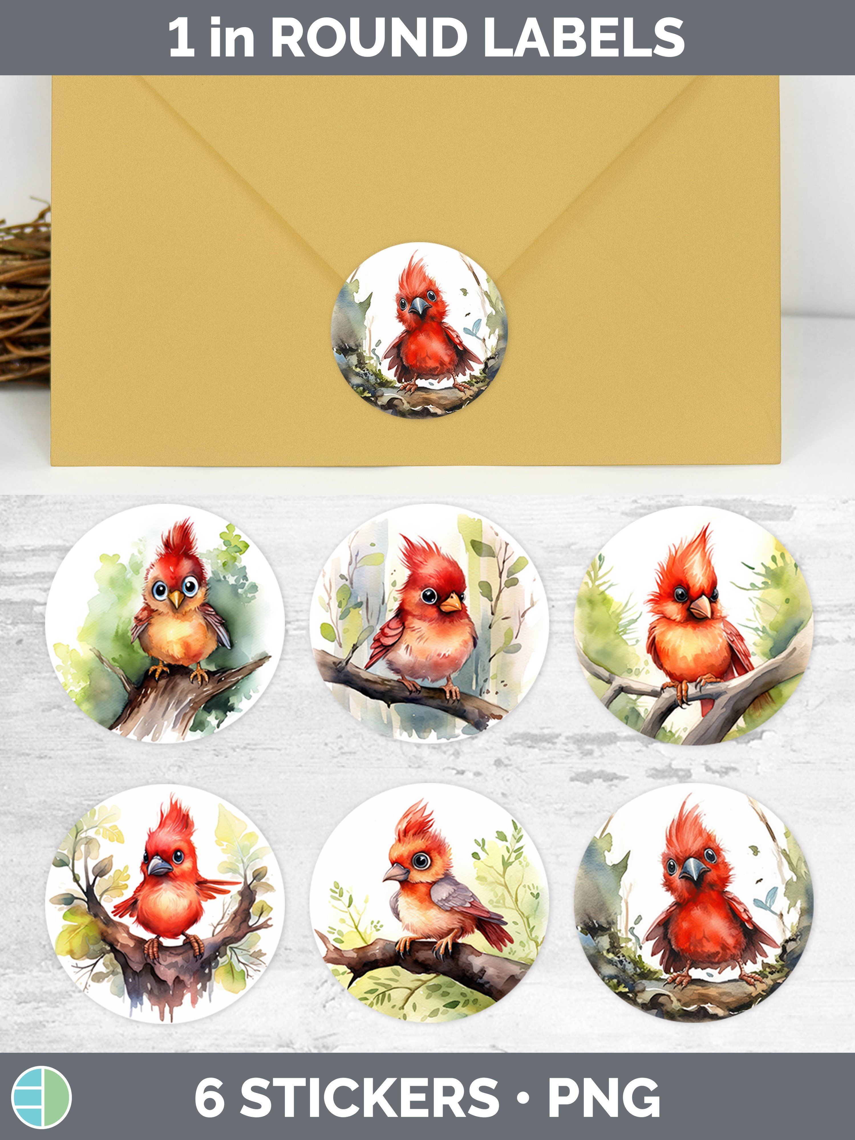 Watercolor Floral Cardinals Bird Stickers | Round Labels Des