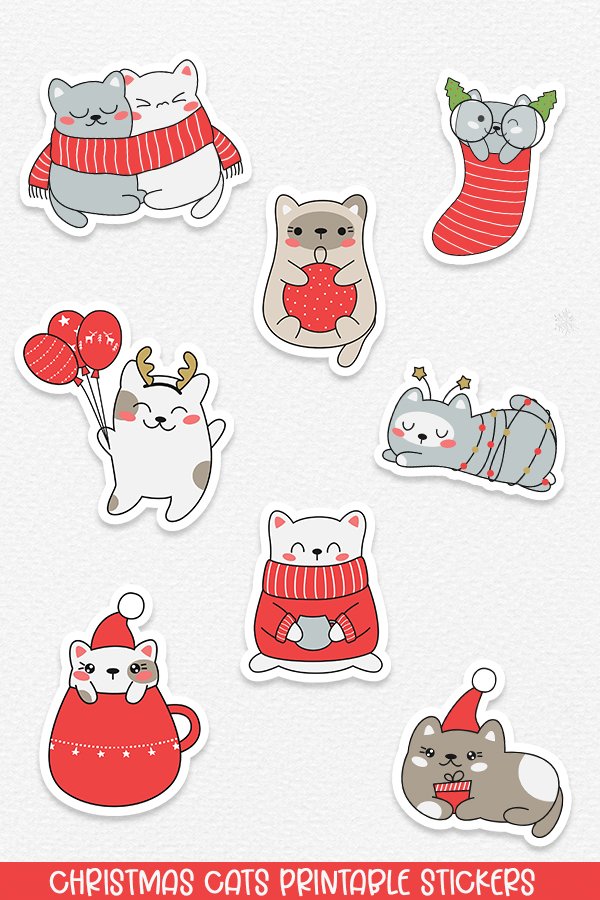 Christmas cats printable stickers. PNG, JPG, EPS.
