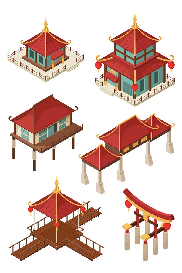 Asian architecture isometric. Traditional chinese and japan