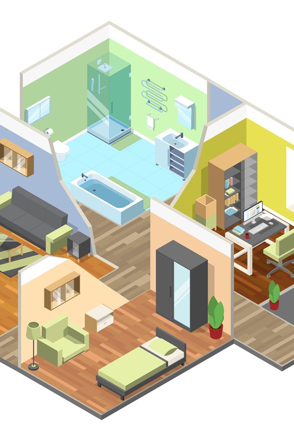 3d interior of modern house with kitchen, living room, bathr