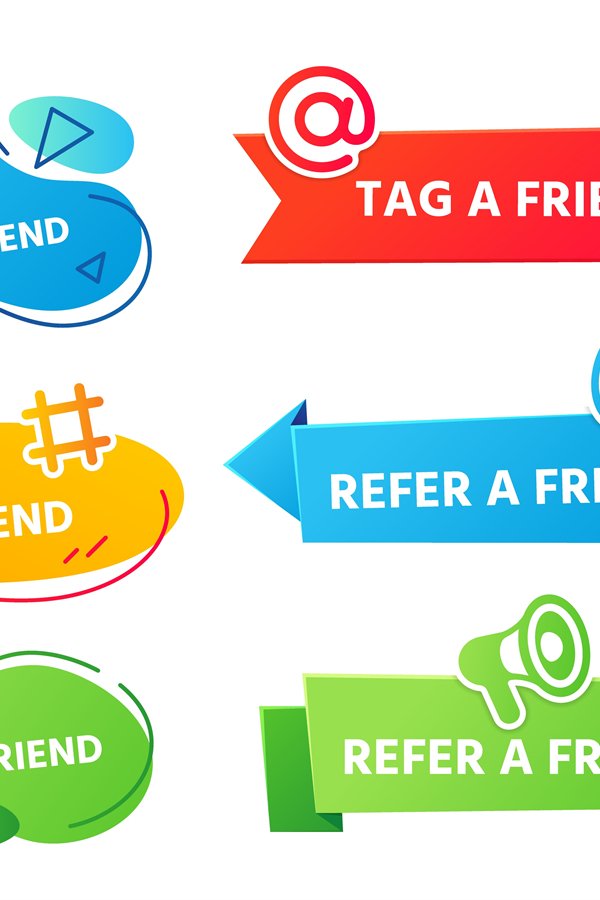 Refer a friend banner. Referral program label, friends recom