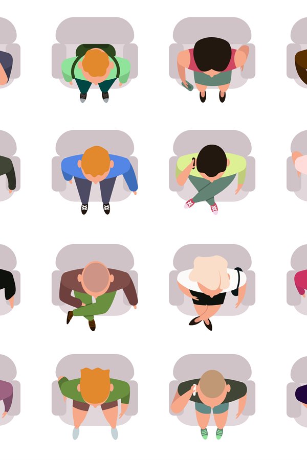 Sitting people top view. Male and female sitting characters