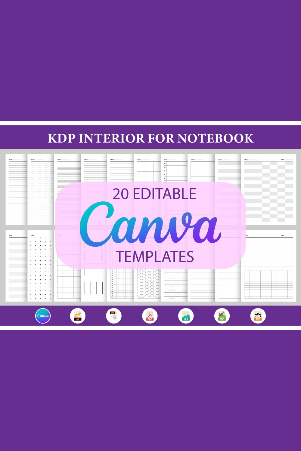 20 Printable Notebook Papers Canva Editable KDP Interior