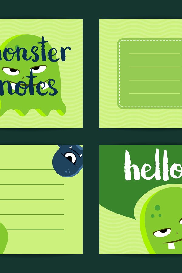 Vector square note cards set with cartoon monsters