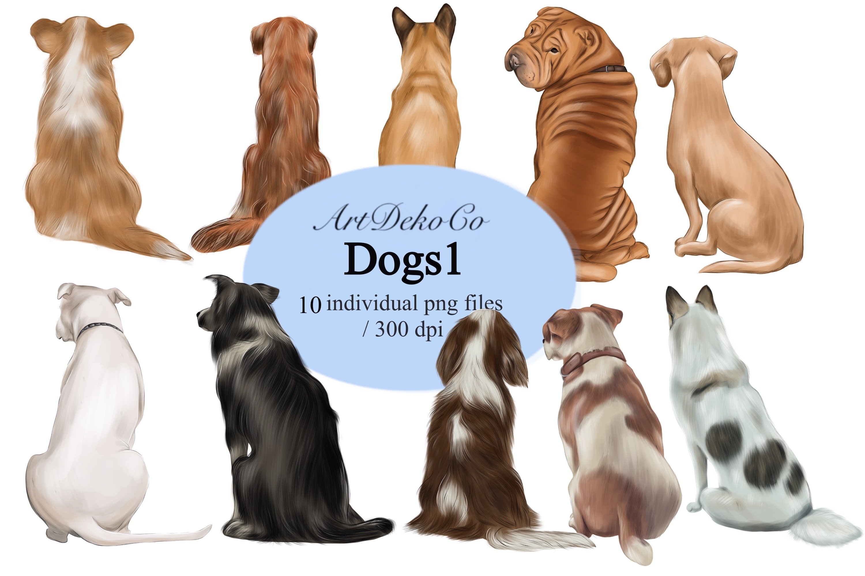 Dogs clipart, Dogs from the back. Printable puppies for mugs